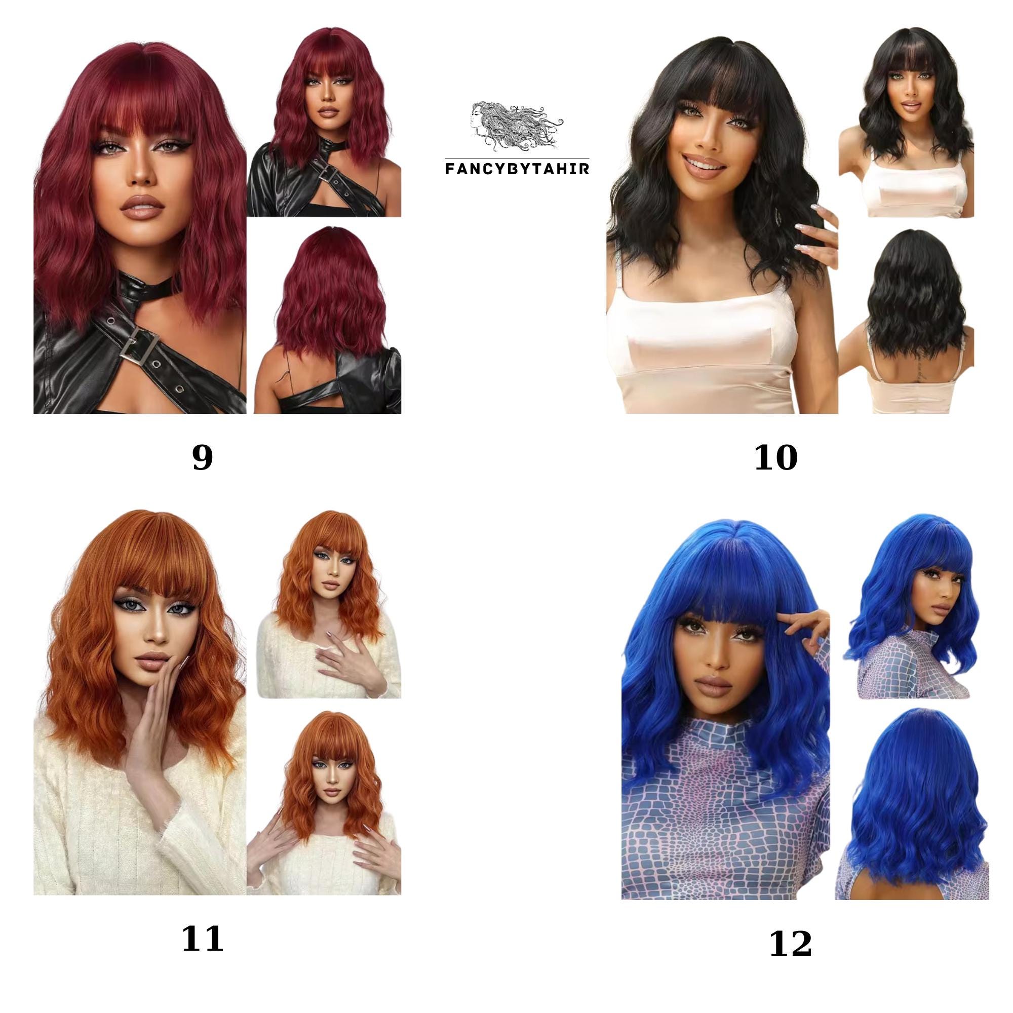 Short Bob Synthetic Wigs With Bangs Ombre Pink Natural Water Wave Wig ...
