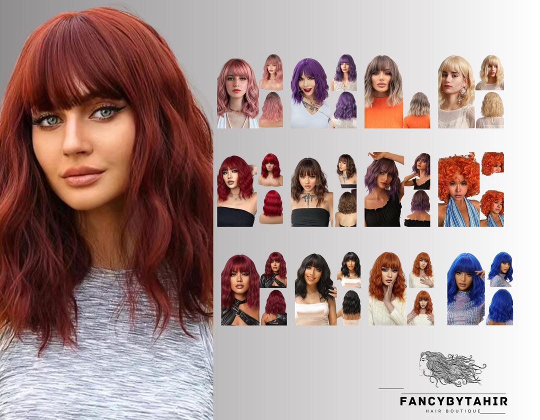 Short Bob Synthetic Wigs With Bangs Ombre Pink Natural Water Wave Wig ...