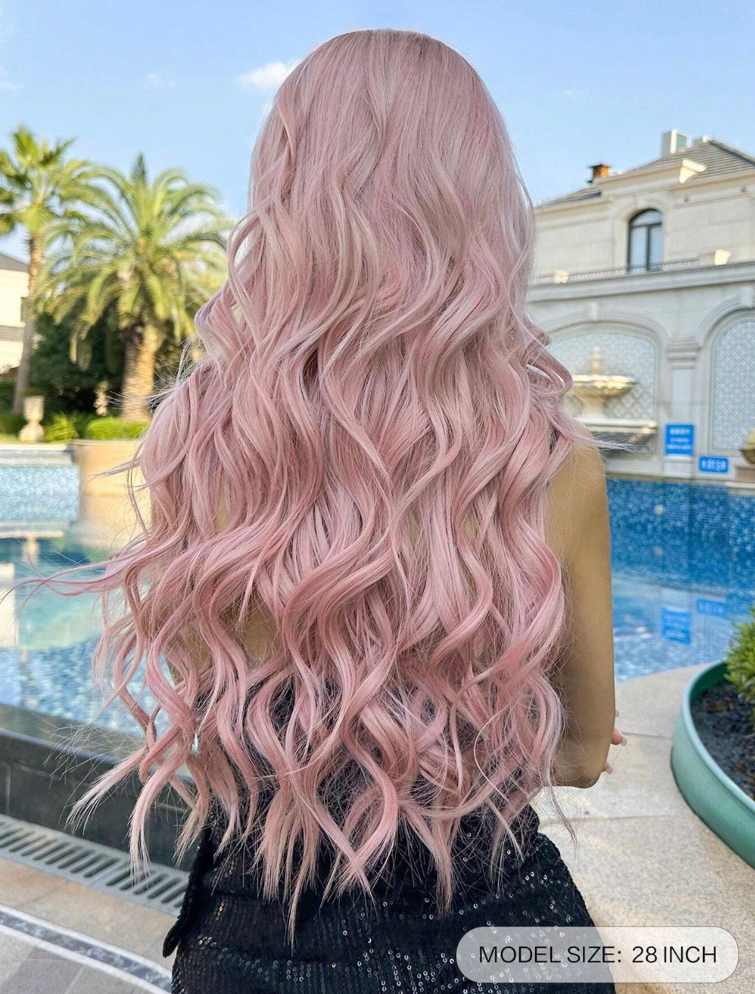 28-inch Water Wave Pink Wig With Bangs Heat-resistant Fiber, Long ...