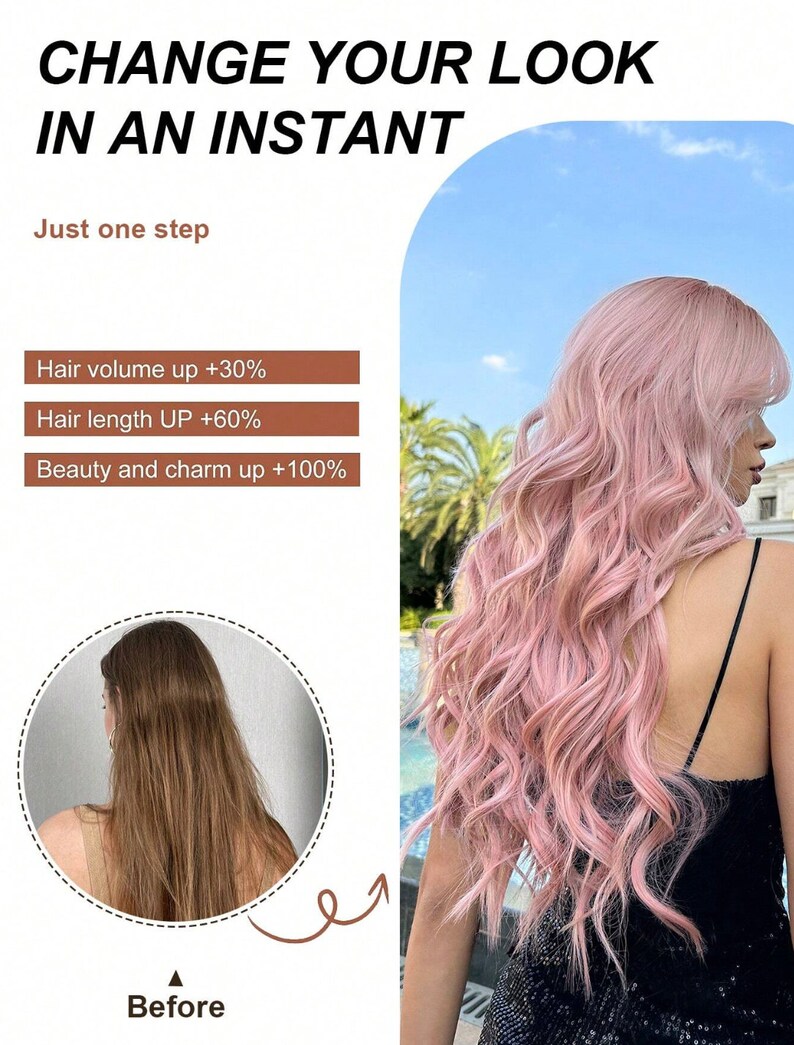 28-inch Water Wave Pink Wig With Bangs Heat-resistant Fiber, Long ...