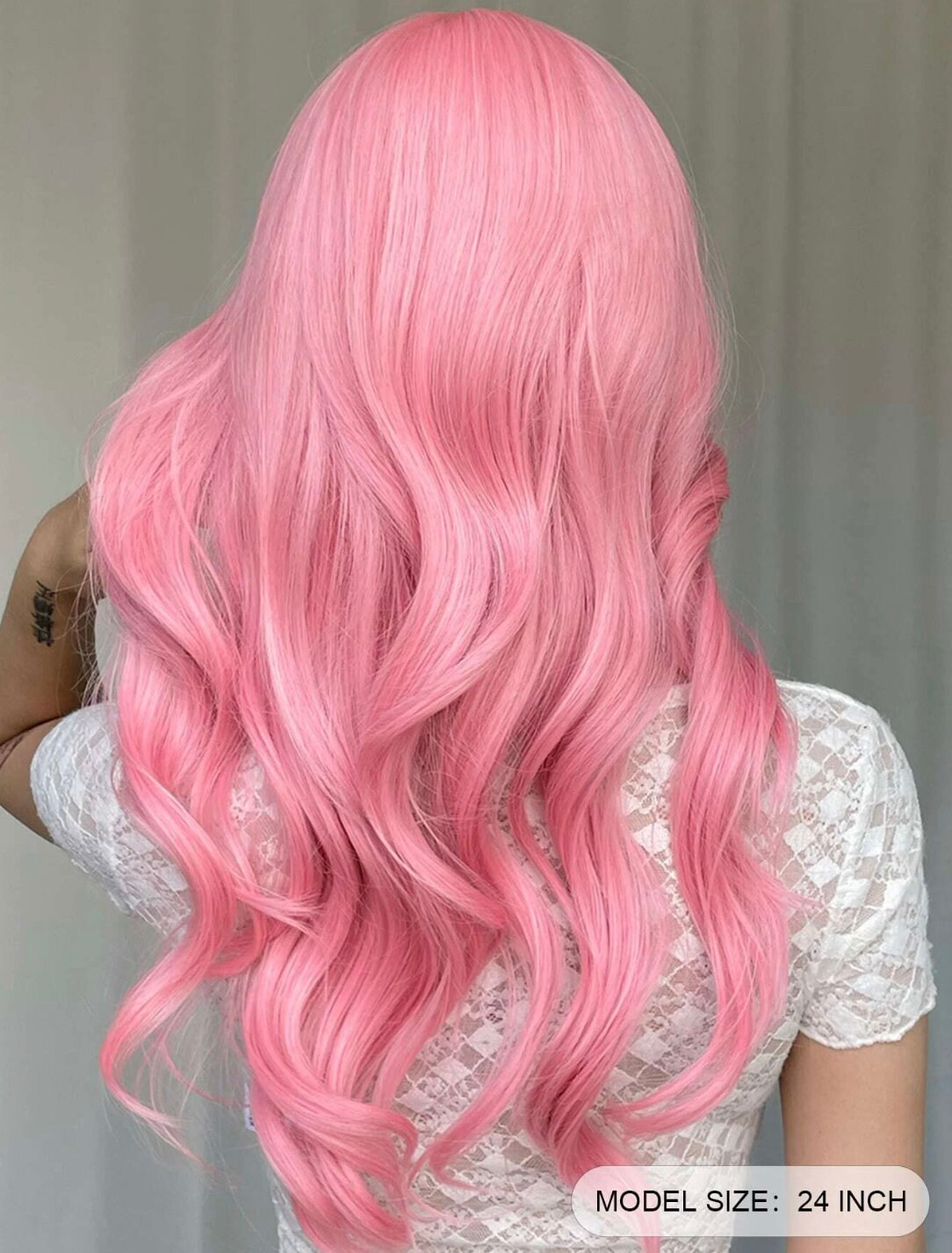 24-inch Pink Long Curly Wig With Bangs Synthetic Hair for Women ...