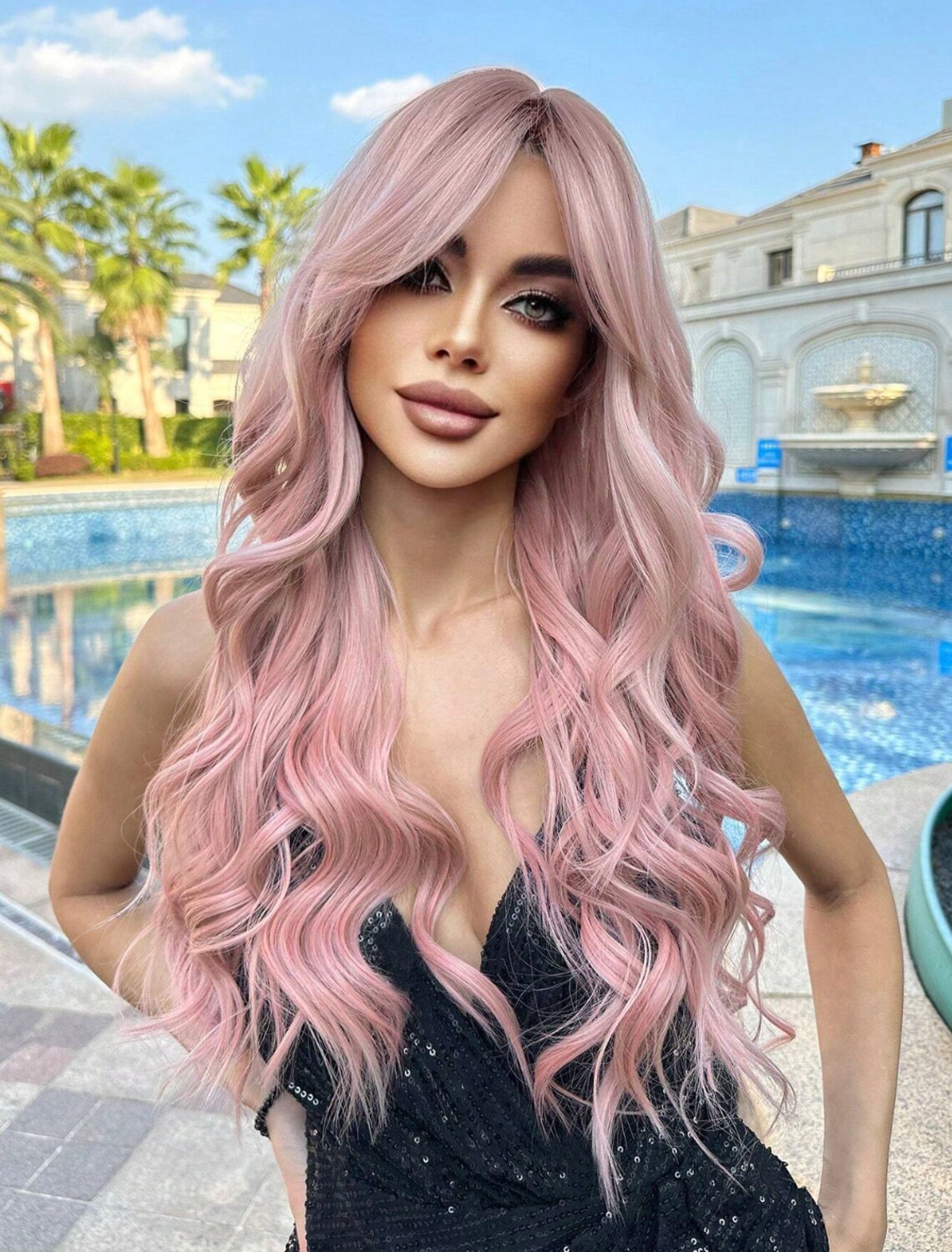 28-inch Water Wave Pink Wig With Bangs Heat-resistant Fiber, Long ...