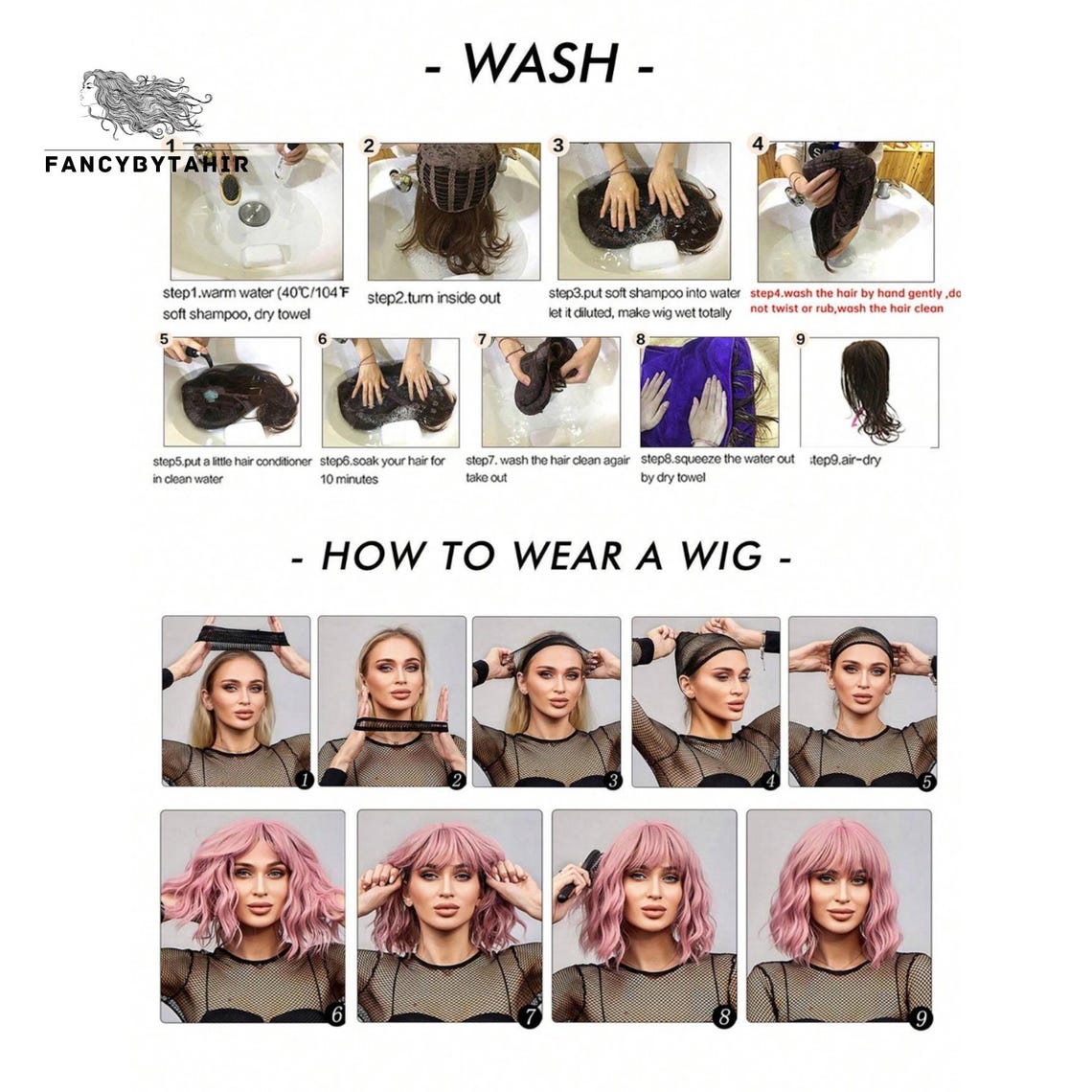 Short Bob Synthetic Wigs With Bangs Ombre Pink Natural Water Wave Wig ...