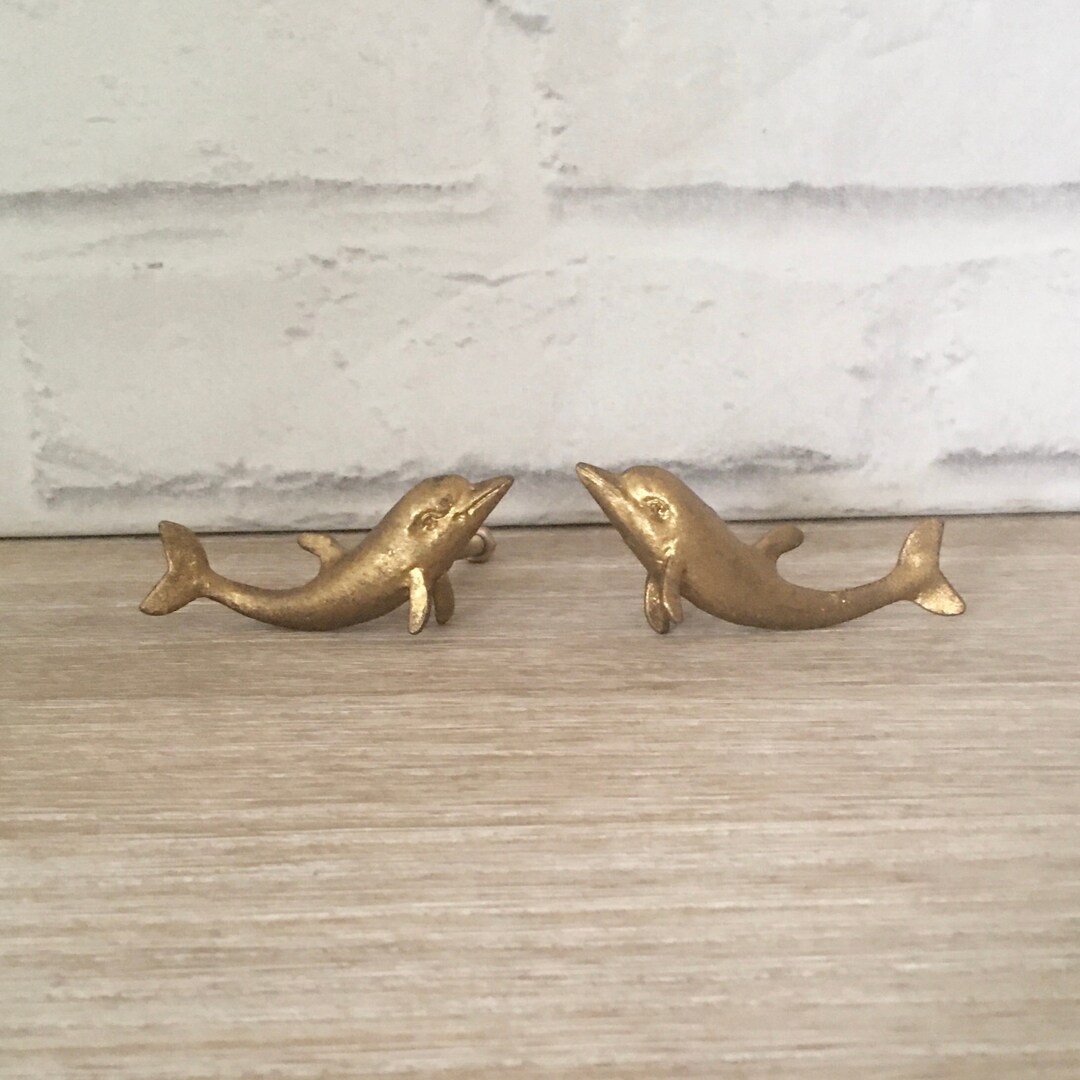 Set of 2 Dolphin Vintage Gold Brass Door Knobs Cabinet Cupboard Drawer Pulls Golden Handle ...