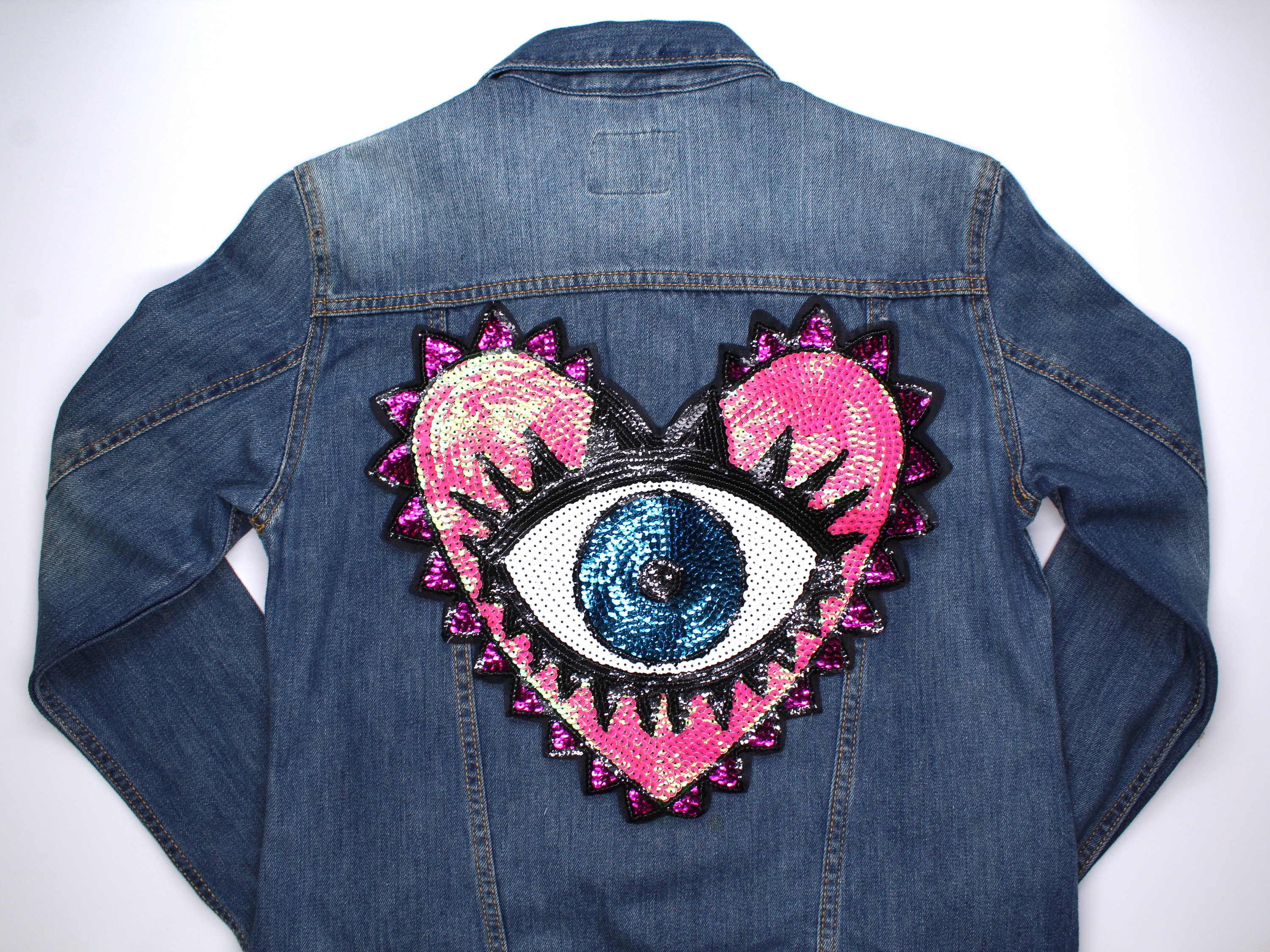 Large Heart Eye Sequin Sew on Iron on Patch Back Patch Sequinned ...