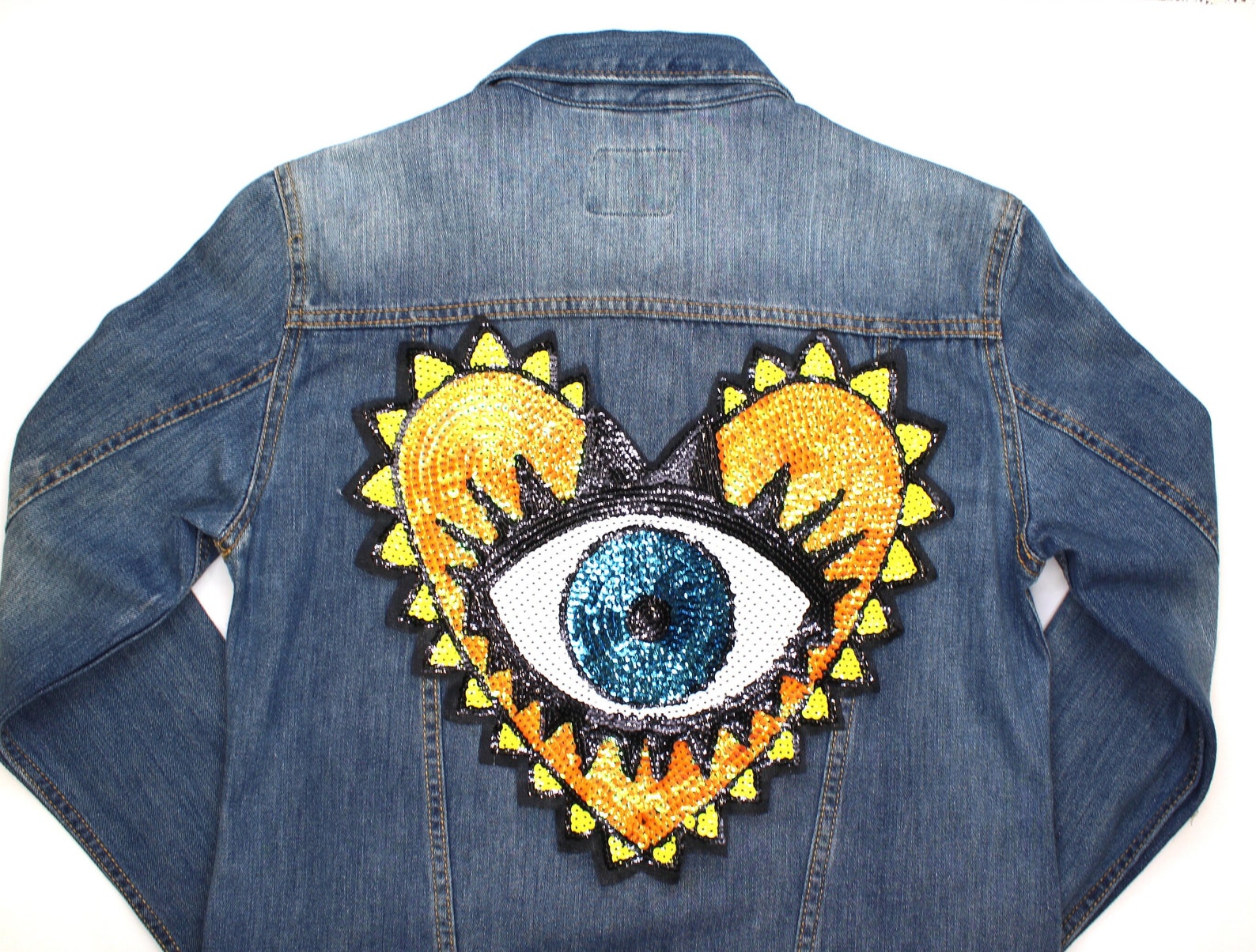 Large Heart Eye Sequin Sew on Iron on Patch Back Patch Sequinned ...