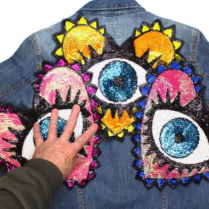 Large Heart Eye Sequin Sew on Iron on Patch Back Patch Sequinned Sparkling Colourful Jacket ...