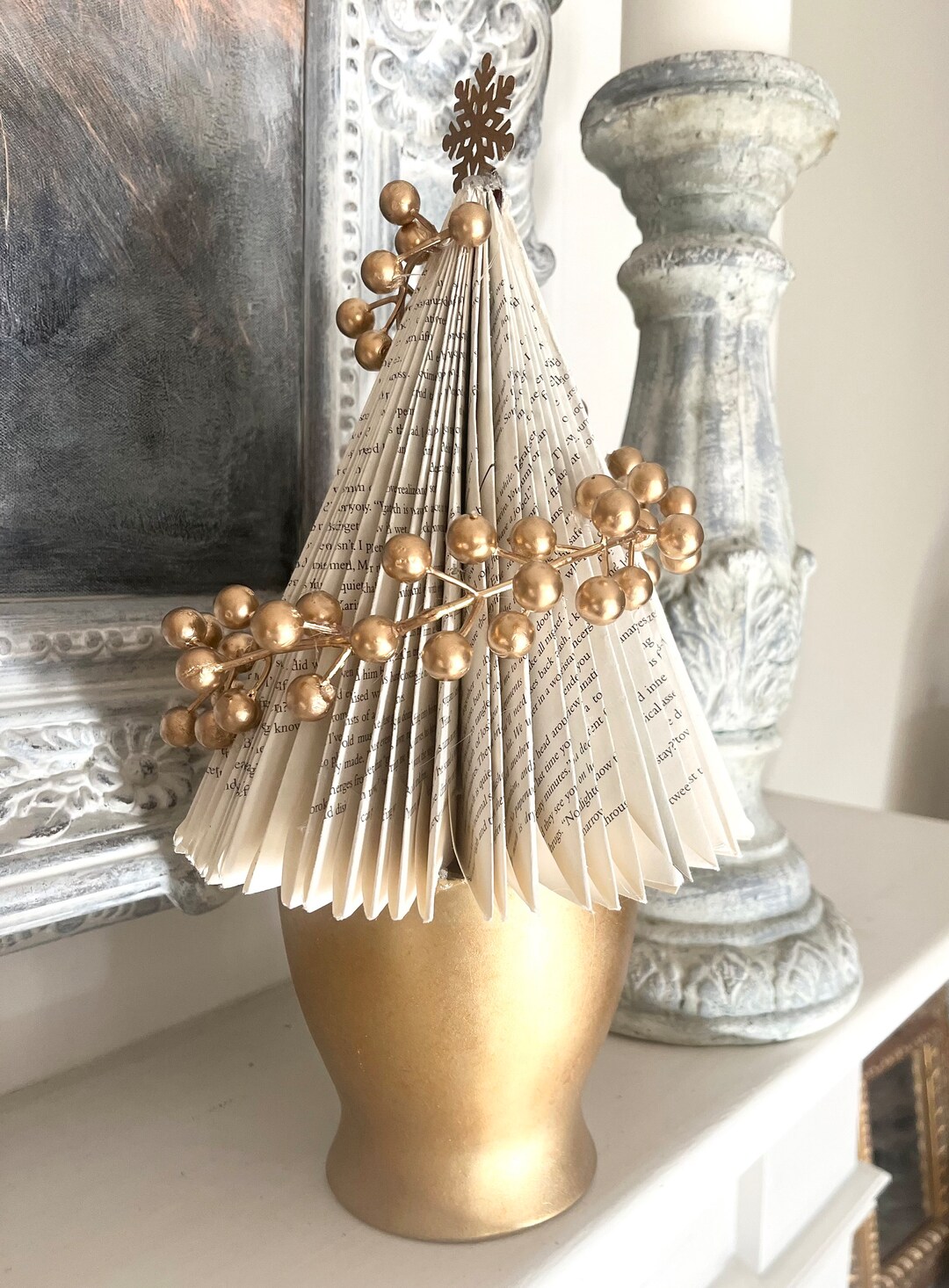 Folded Book Christmas Tree Decor: Gold Berries & Snowflake Topper - Etsy