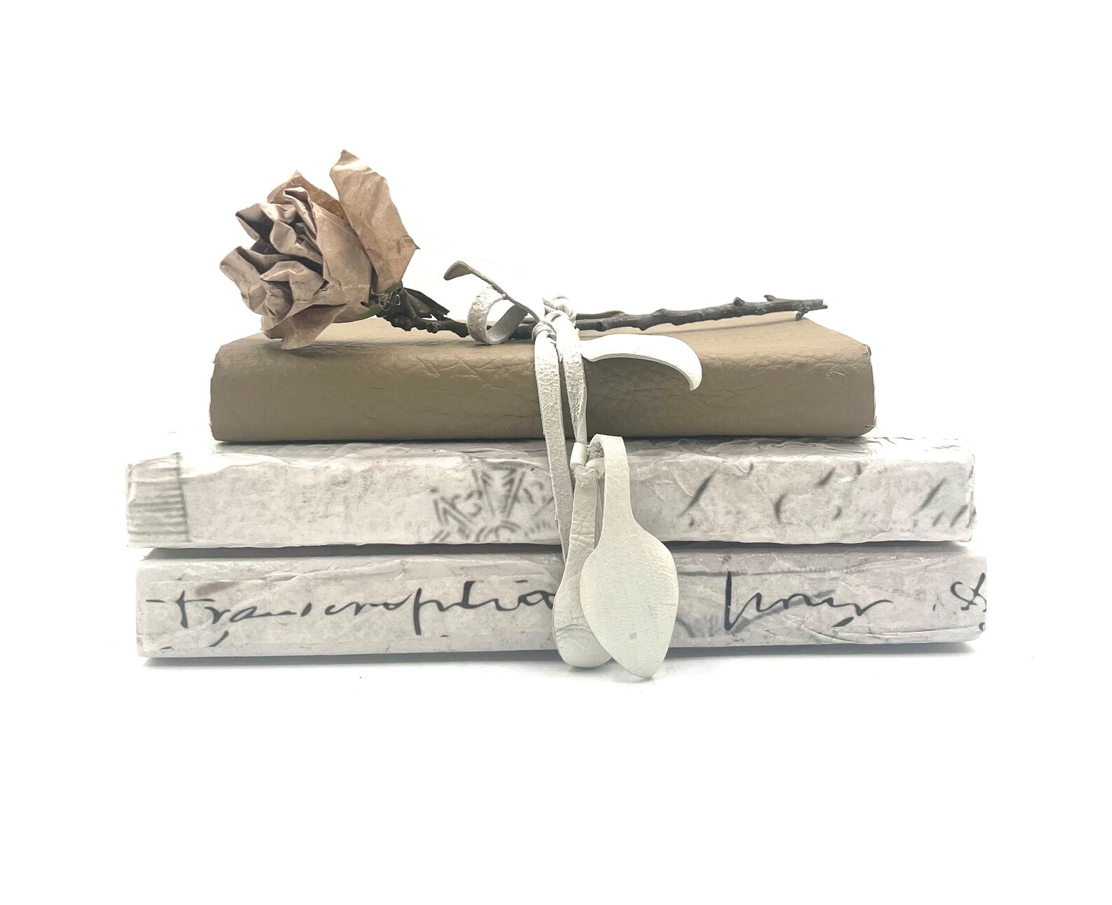French Script Book Stack: Shabby Chic Leather Strap Decor - Etsy