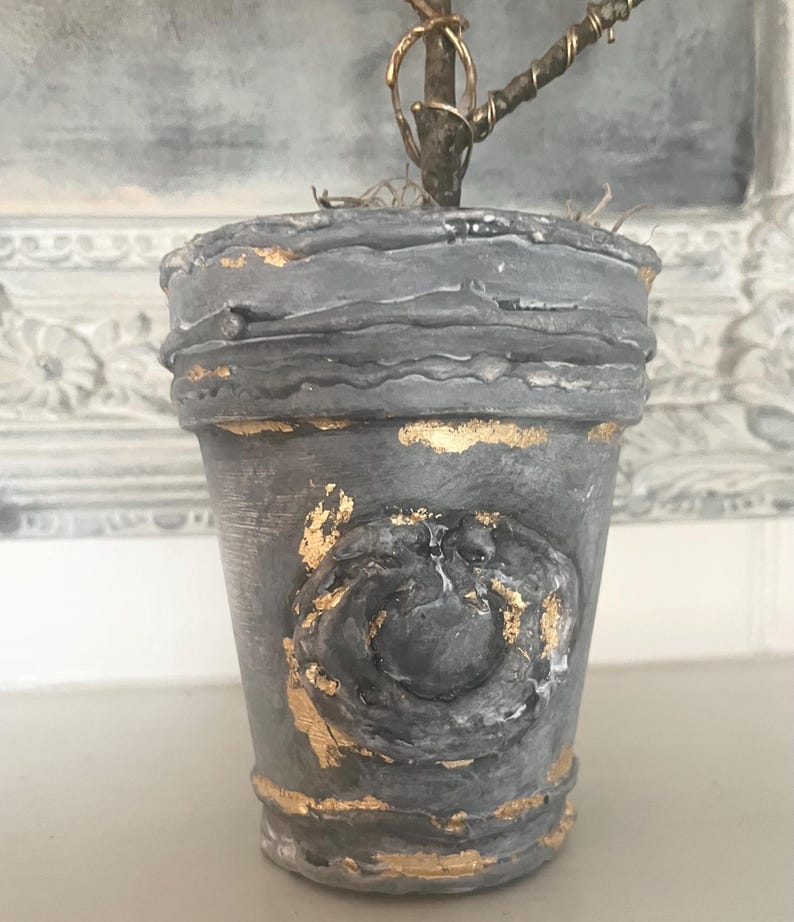 Gold Topiary in Gray Clay Pot, for Shelf, Table, Mantle, Shabby Chic ...