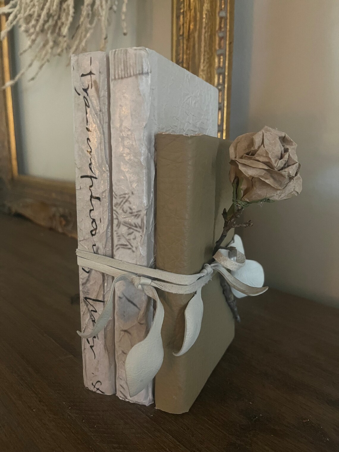 French Script Book Stack: Shabby Chic Leather Strap Decor - Etsy