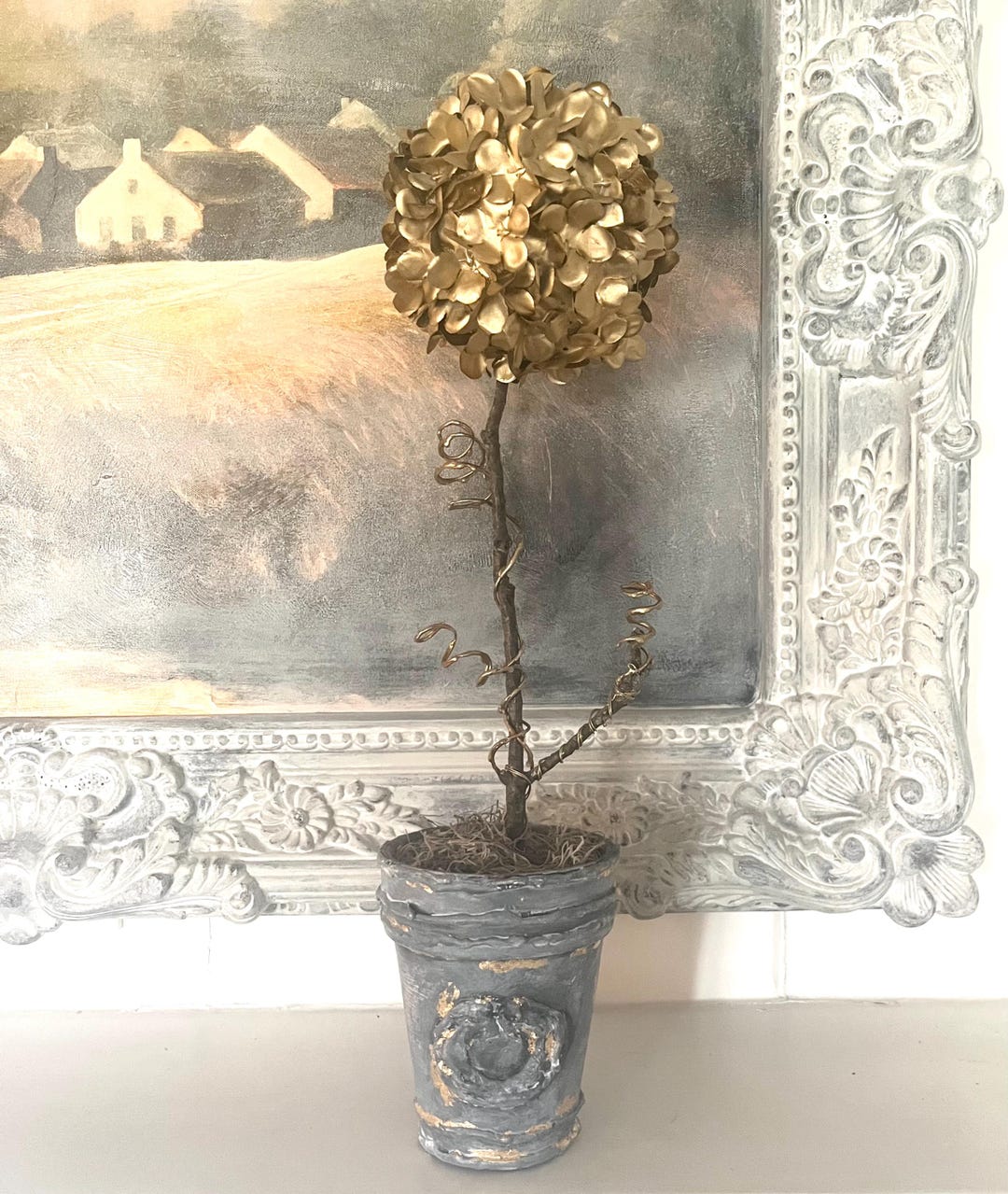 Gold Topiary in Gray Clay Pot, for Shelf, Table, Mantle, Shabby Chic ...