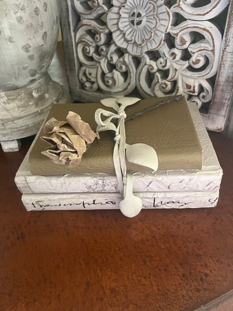 French Script Book Stack: Shabby Chic Leather Strap Decor - Etsy
