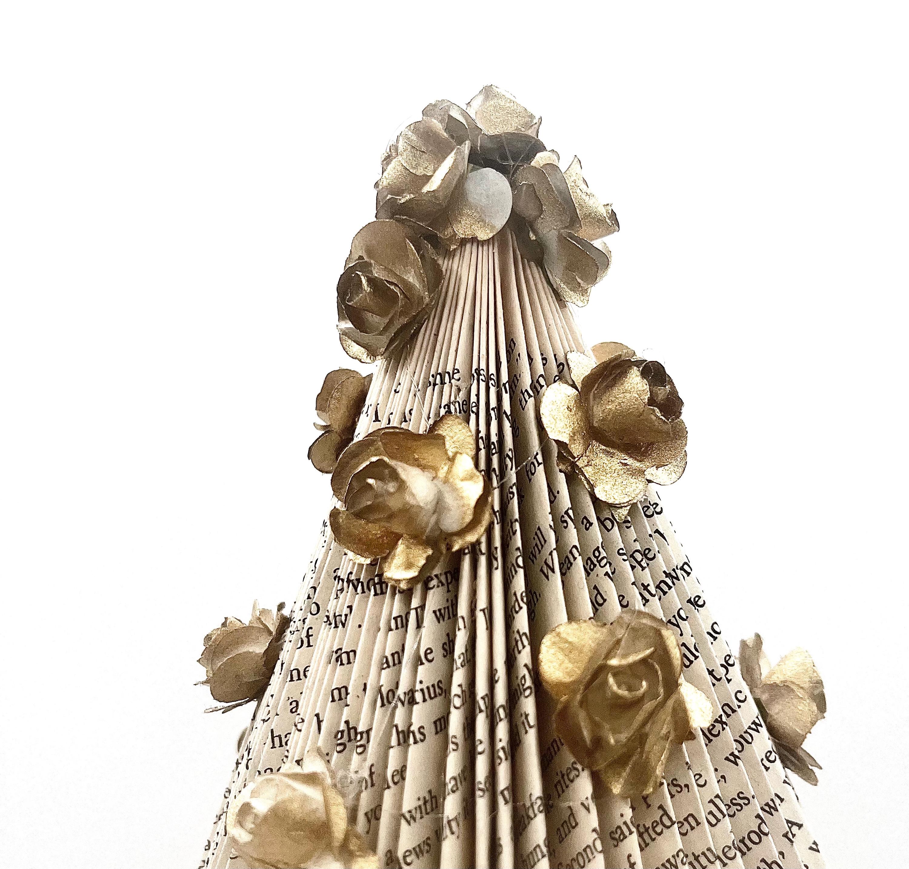 Folded Book Pages Christmas Tree: Gold Roses, Table, Shelf, Table ...