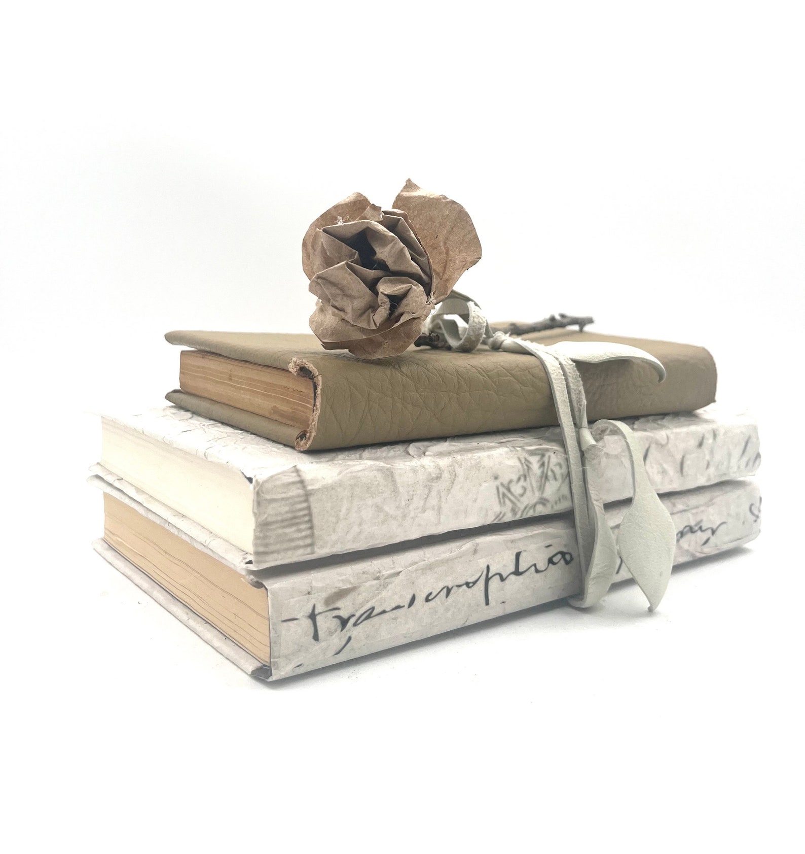 French Script Book Stack: Shabby Chic Leather Strap Decor - Etsy