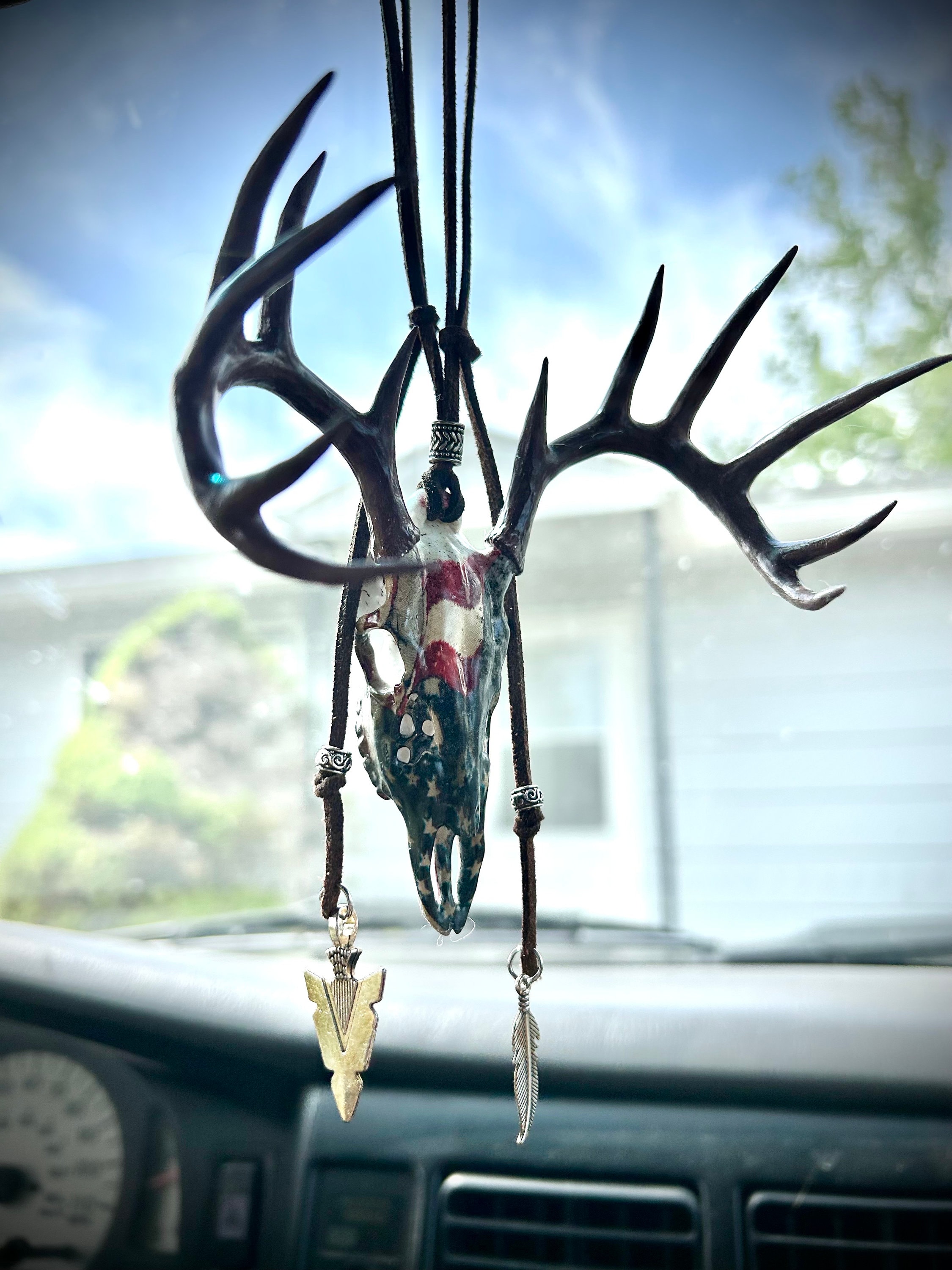 White-tailed Deer Skull Hydro-dipped American Flag Rearview Mirror ...