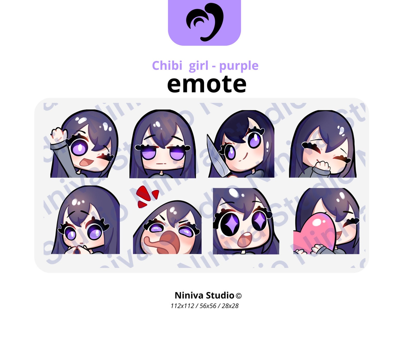 Chibi Girl / Emote Pack for Twitch, Discord and Youtube. Color: Purple ...