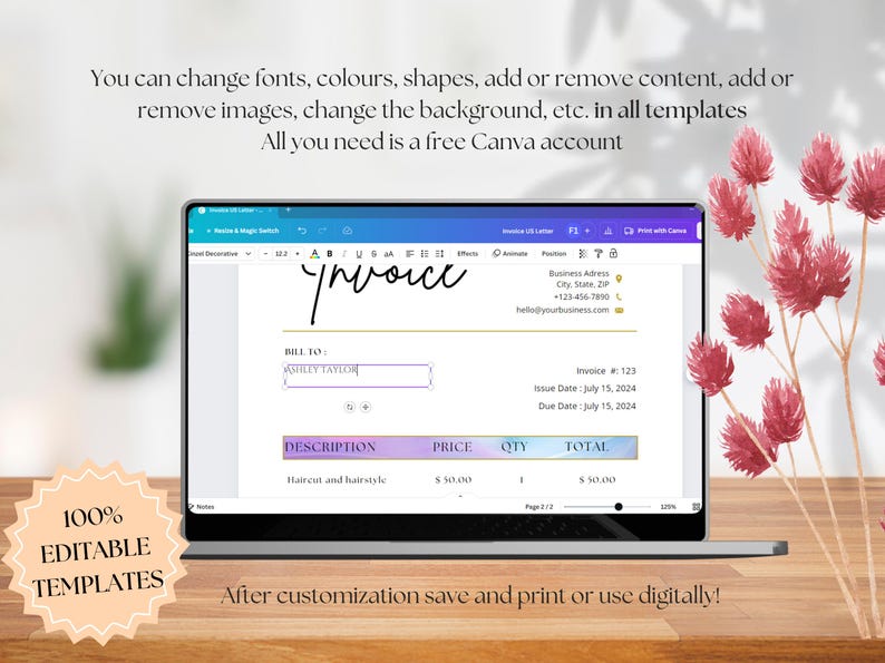 Custom Printable Invoice Template Editable Chic Nail Stylist Receipt ...