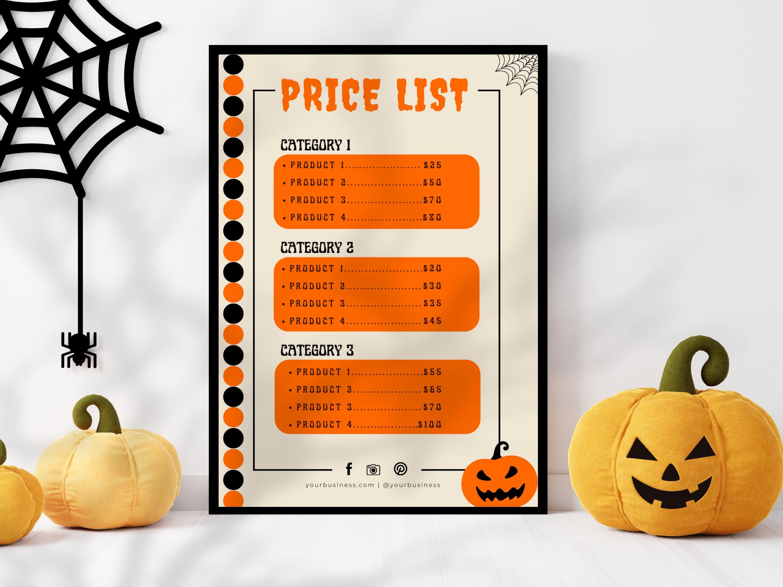 Price List Template Editable Social Media Price List for Halloween ...