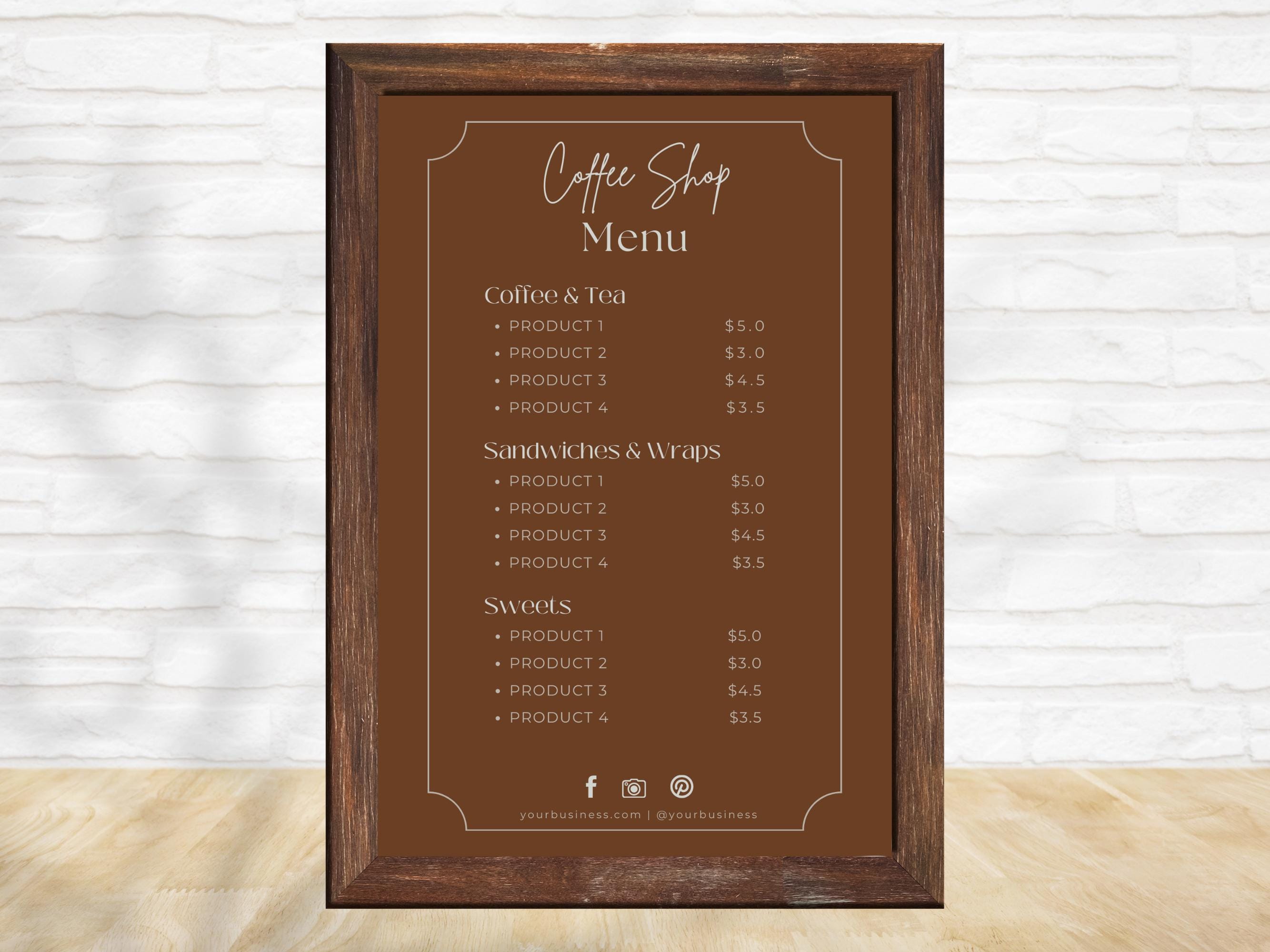 Editable Menu Sign for a Coffee Shop Pricing Template for Entrepreneur ...