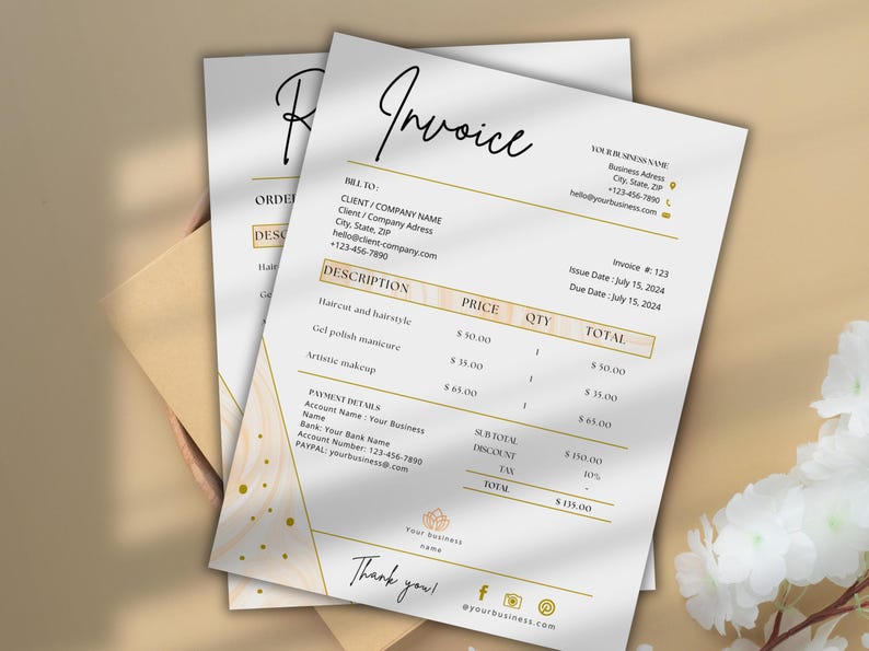 Custom Printable Invoice Template Editable Chic Nail Stylist Receipt ...