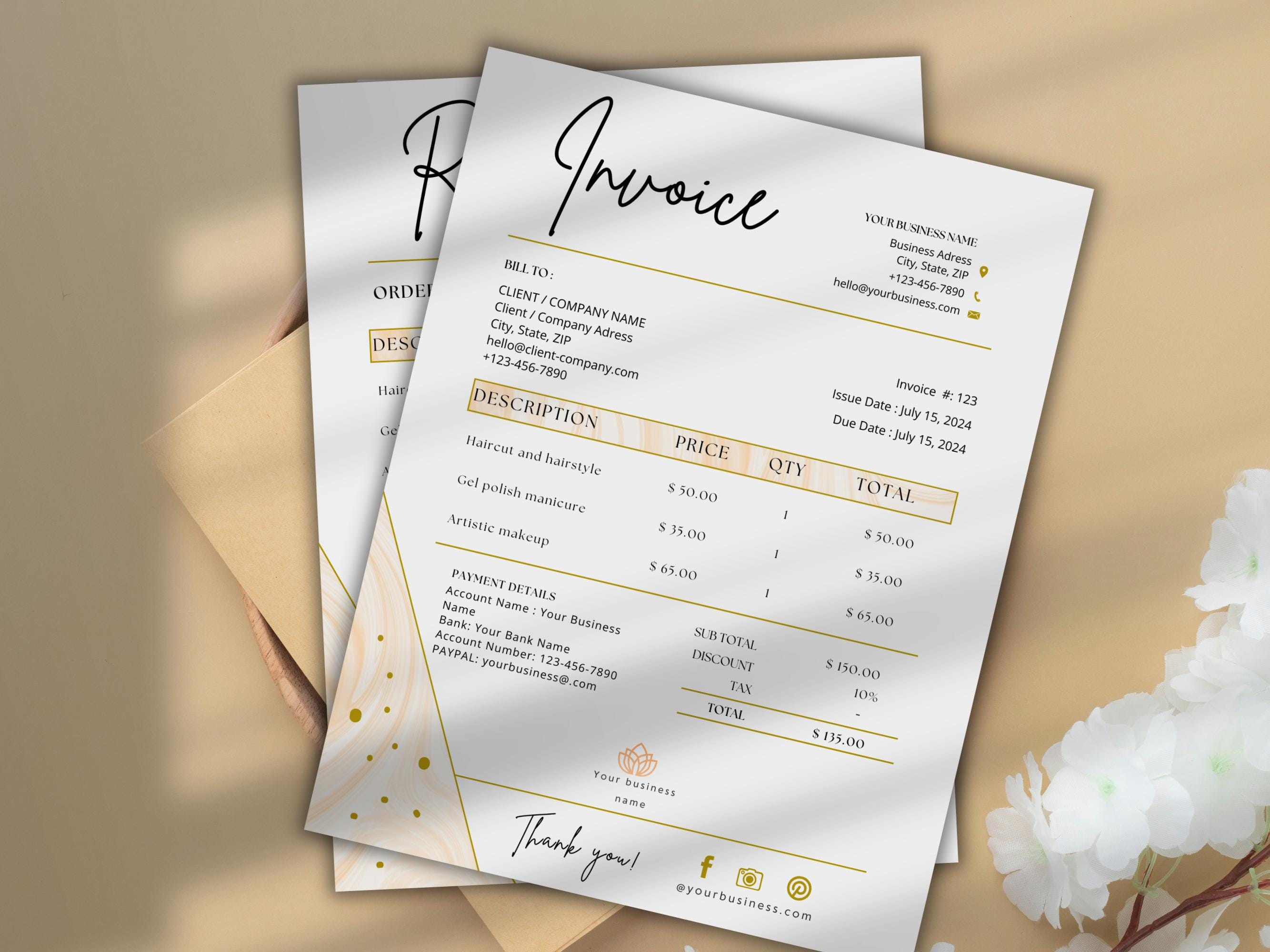 Custom Printable Invoice Template Editable Chic Nail Stylist Receipt ...