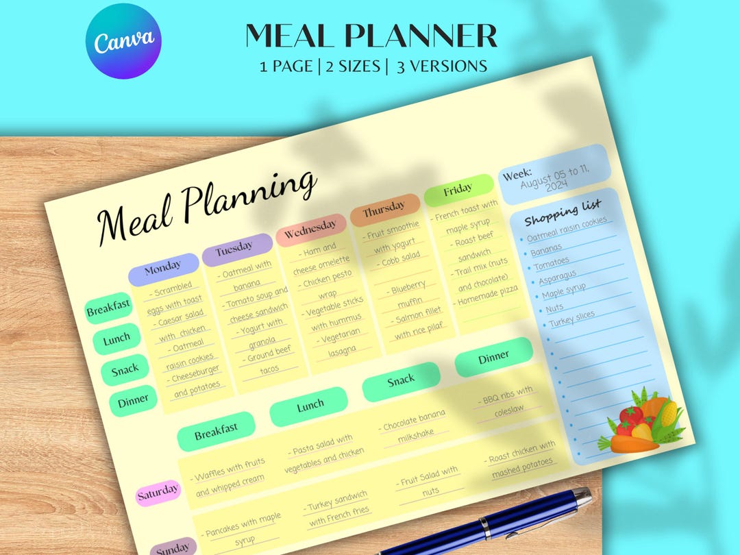 Colorful Weekly Meal Plan Chart Printable Organized Girl Bullet Journal ...
