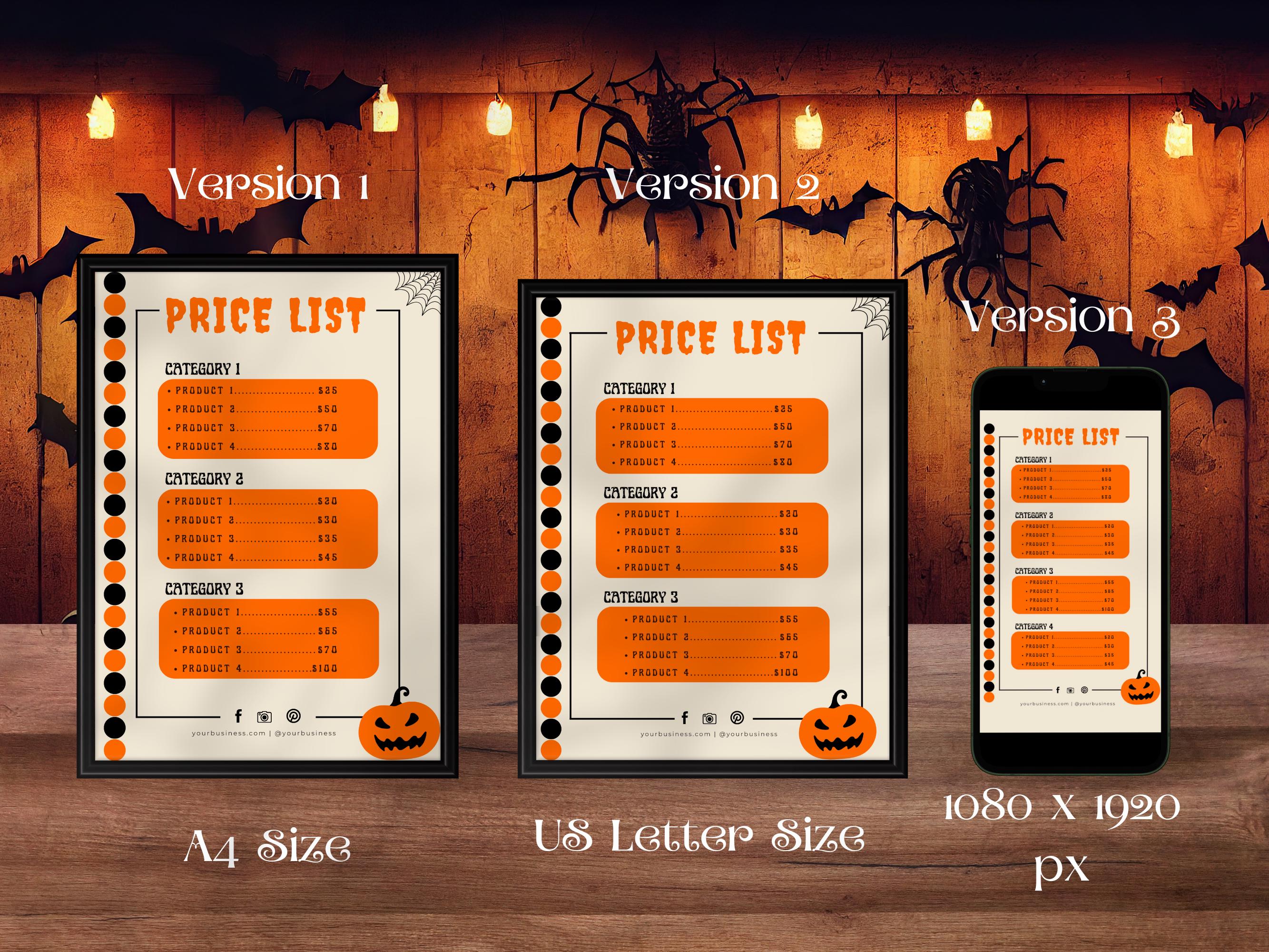 Price List Template Editable Social Media Price List for Halloween ...