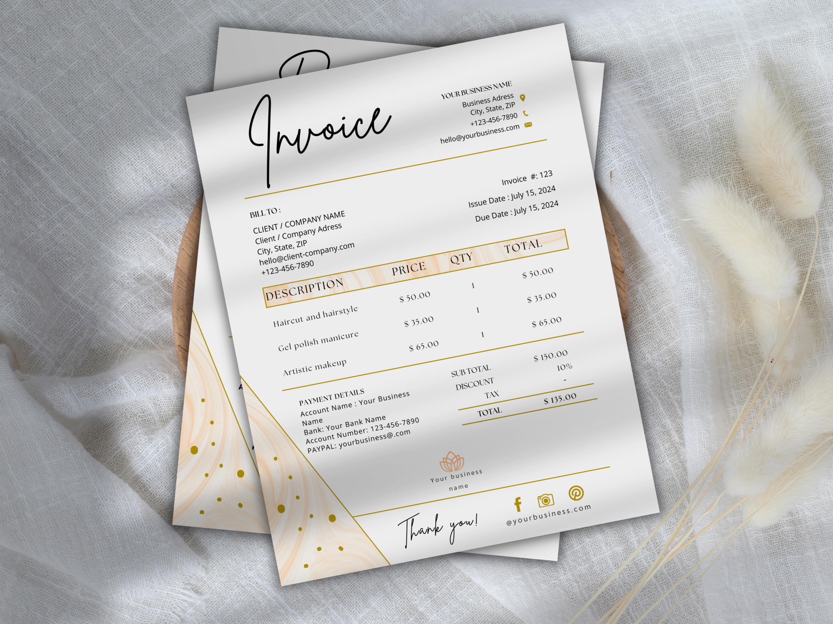 Custom Printable Invoice Template Editable Chic Nail Stylist Receipt ...