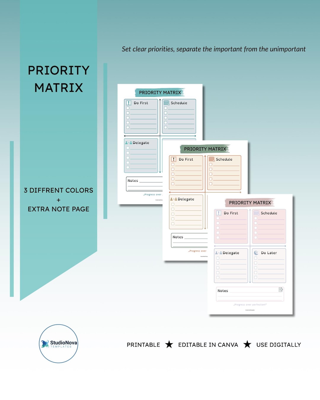 Priority Matrix Template, Printable Eisenhower Matrix & Productivity ...