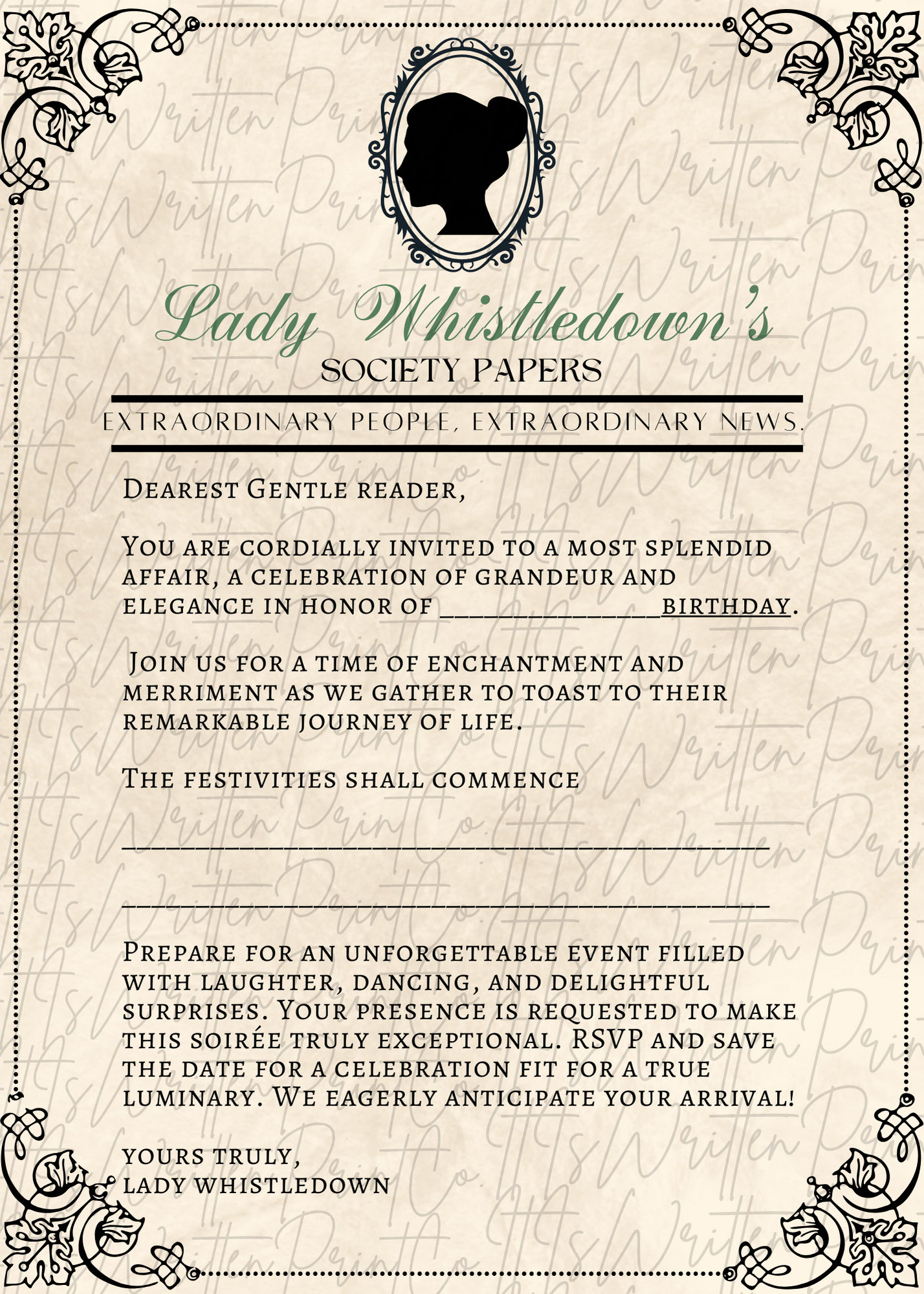 Lady Whistledown Bridgerton Birthday Invitation (self Fill) (bun Hair ...