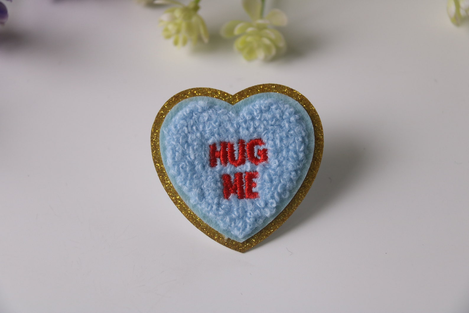 Hug Me Patch, Blue Chenille Heart Patch, Iron on Patch, Embroidered ...