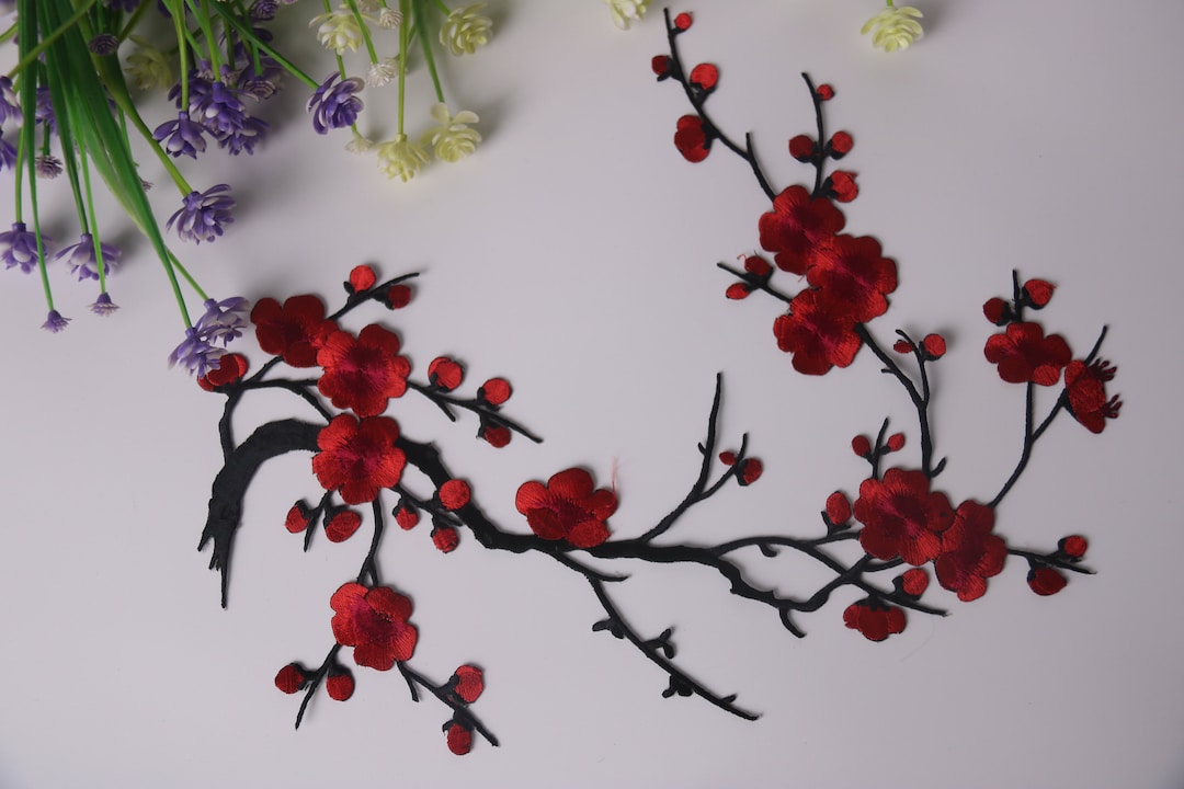 Large Red Black Cherry Blossom Patch, Plum Blossom Patch, Iron on Patch ...