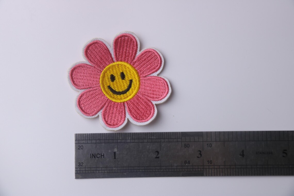 Smile Pink Flower Patch, Smile Face, Iron on Patch, Embroidered Patch ...