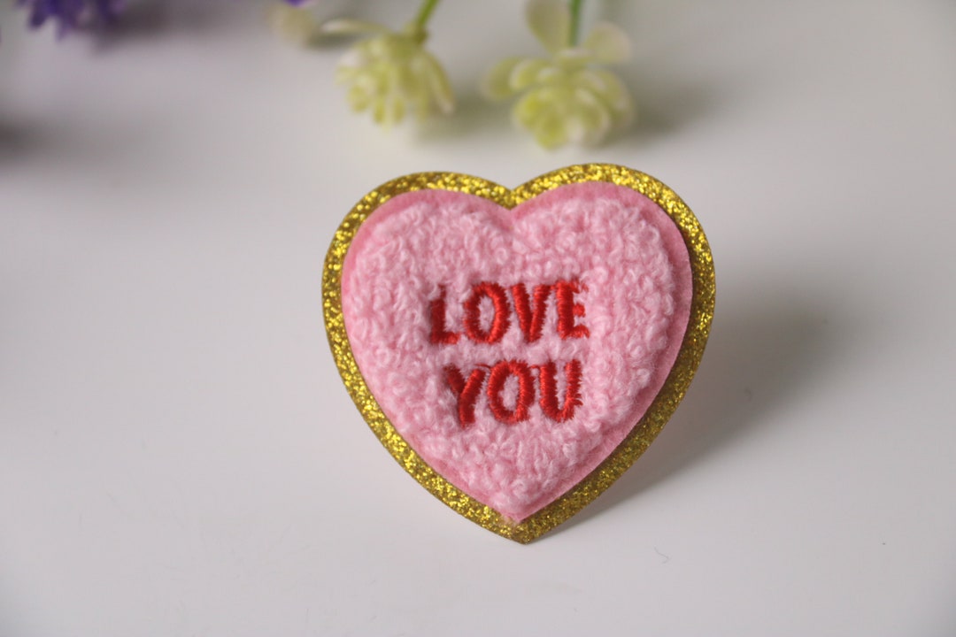 Love You Patch, Pink Chenille Heart Patch, Iron on Patch, Embroidered ...