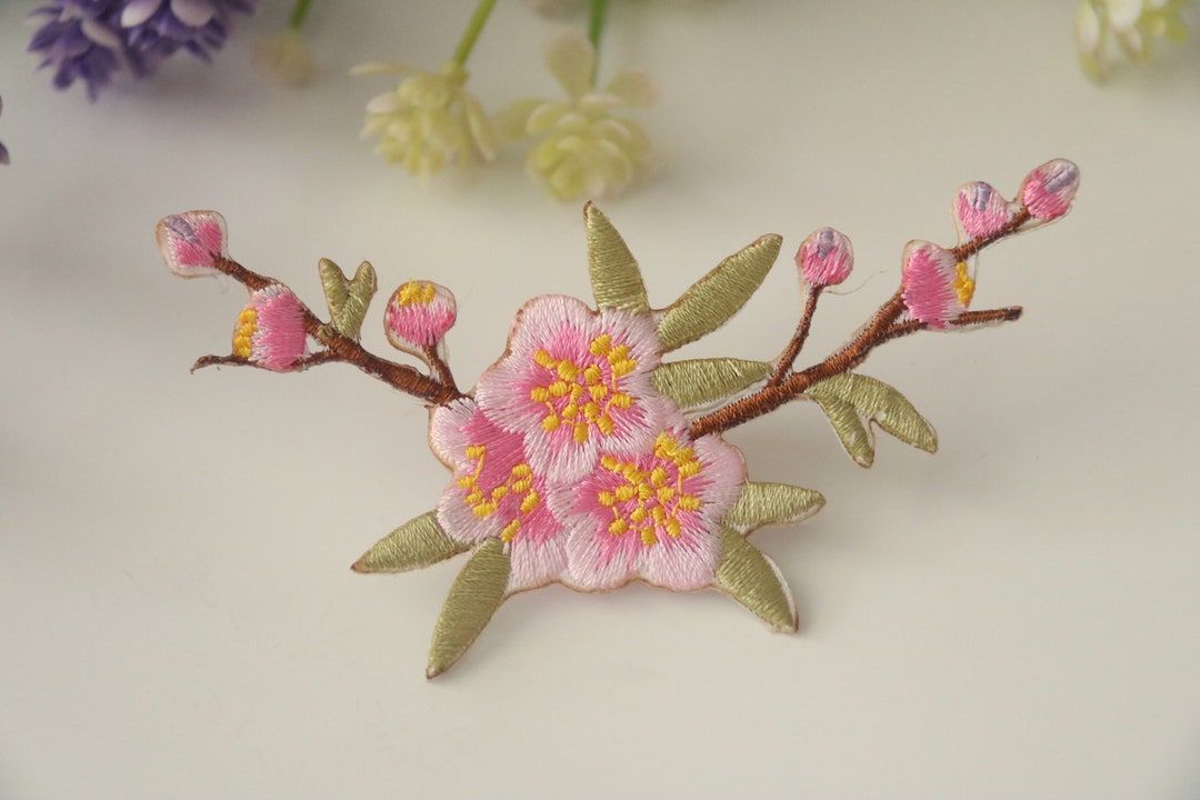 Pink Flower, Cherry Blossom Patch, Plum, Iron on Patch, Embroidered ...