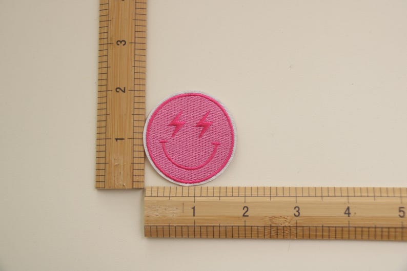 Pink Smile Face Patch, Lightning Eye Patch, Iron on Patch, Embroidered ...