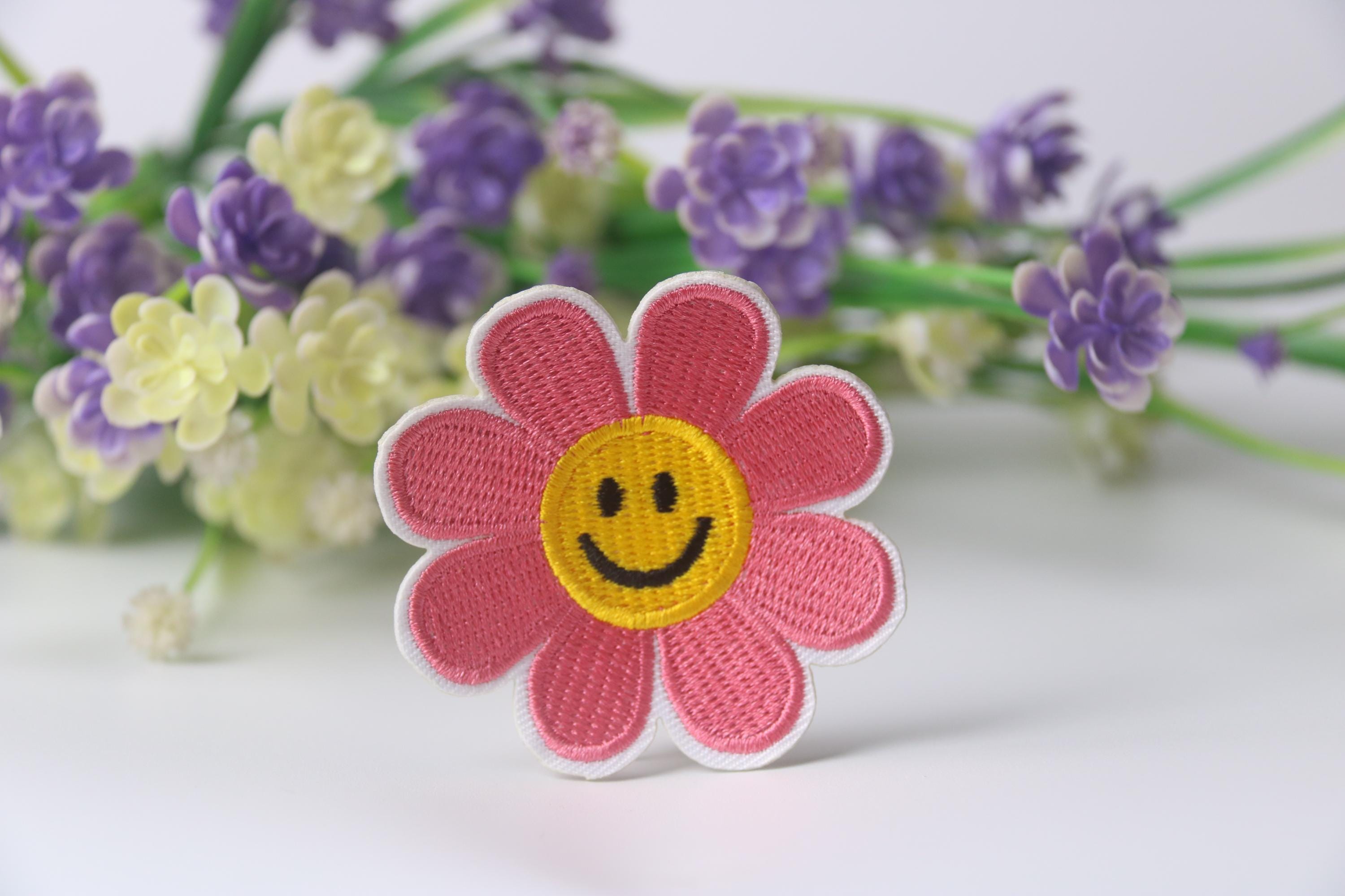 Smile Pink Flower Patch, Smile Face, Iron on Patch, Embroidered Patch ...