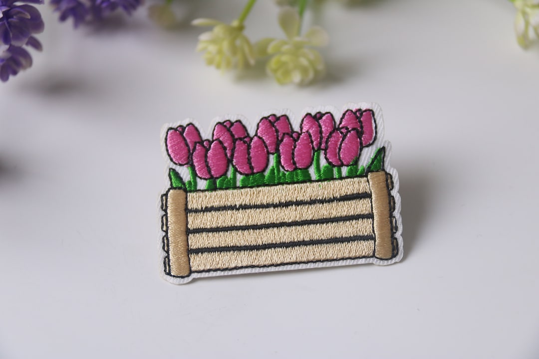 Flower Bed Patch, Tulips Patch, Pink, Iron on Patch, Embroidered Patch ...