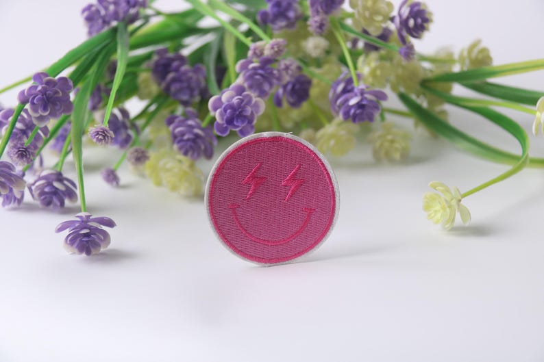 Pink Smile Face Patch, Lightning Eye Patch, Iron on Patch, Embroidered ...