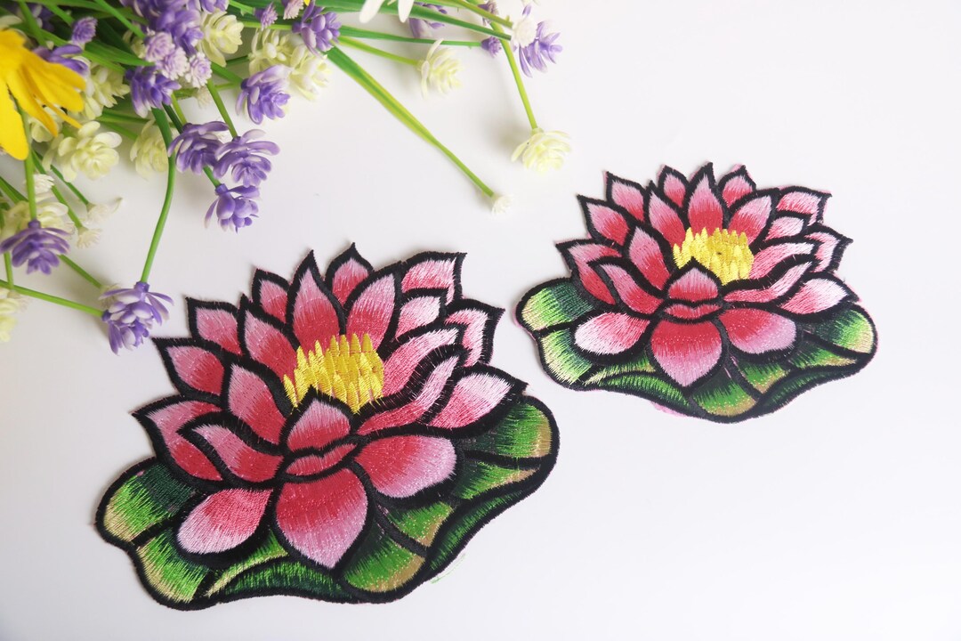 Large Pink Lotus Patch, Flower Patch, Iron on Patch, Embroidered Patch ...