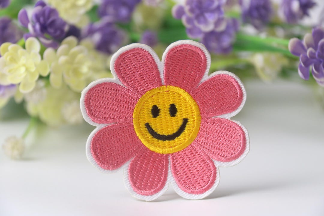 Smile Pink Flower Patch, Smile Face, Iron on Patch, Embroidered Patch ...