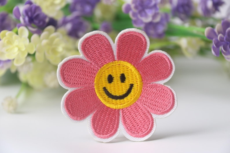 Smile Pink Flower Patch, Smile Face, Iron on Patch, Embroidered Patch ...