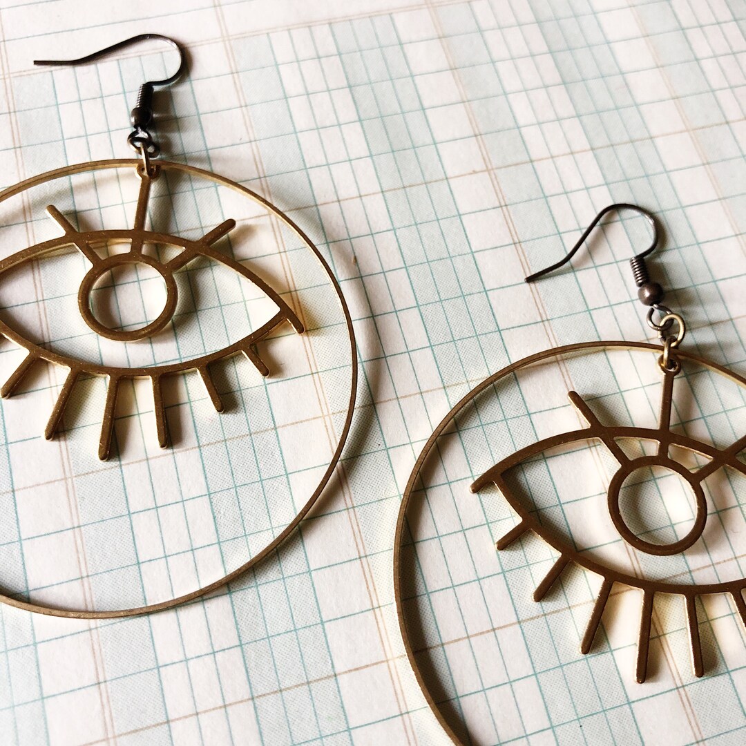 Golden Eye Earrings Eyelash Earrings Big Evil Eye Brass - Etsy