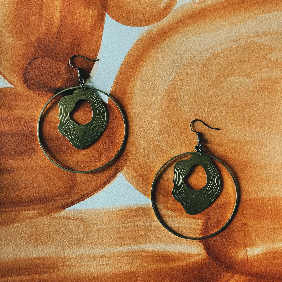 Brass Hoop Topography Earrings | Natural Brass Earring | Brass Jewelry ...