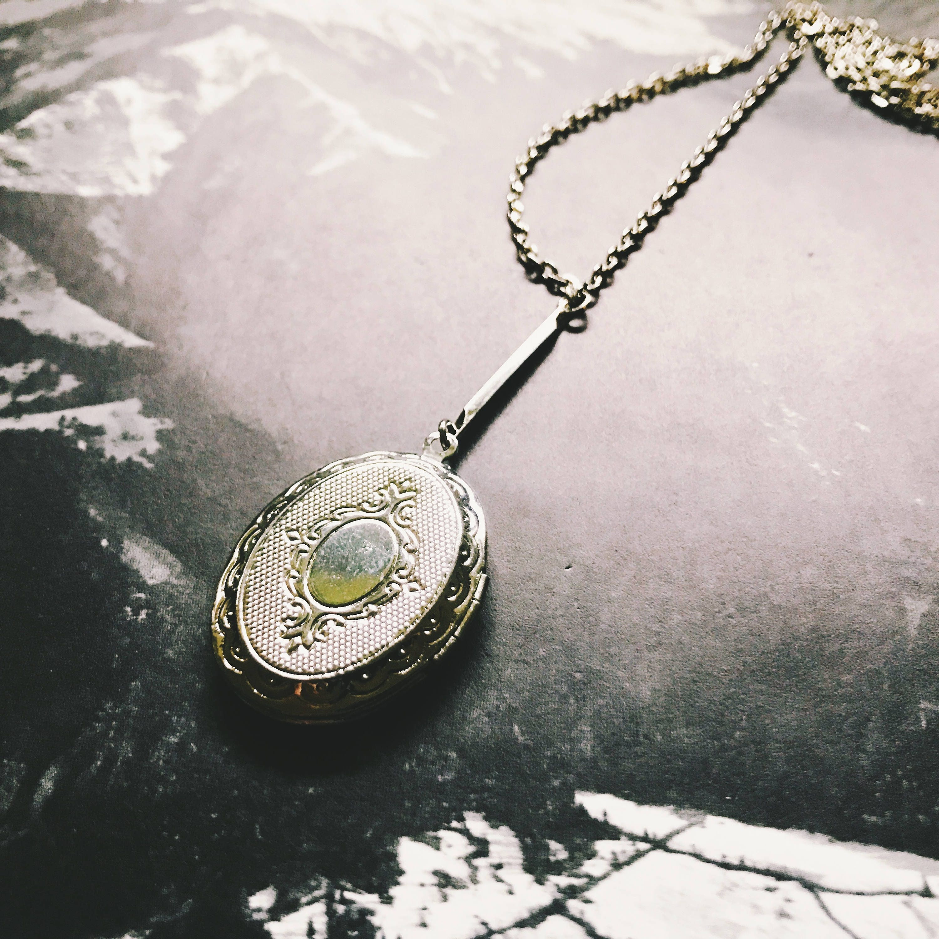 Long locket necklace silver oval decorative portland | Etsy