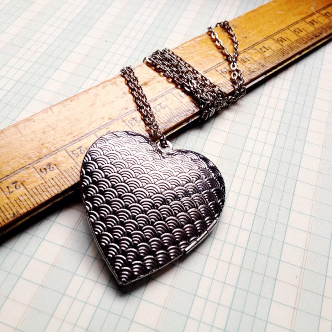 Long Locket Necklace Large Heart Locket Silver Decorative - Etsy