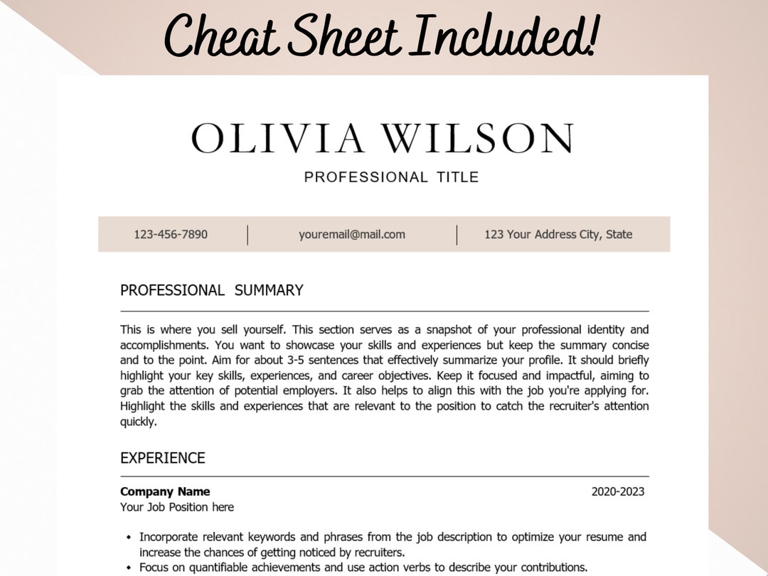 Management Resume Template W/cheat Sheet | Minimalist Professional ...