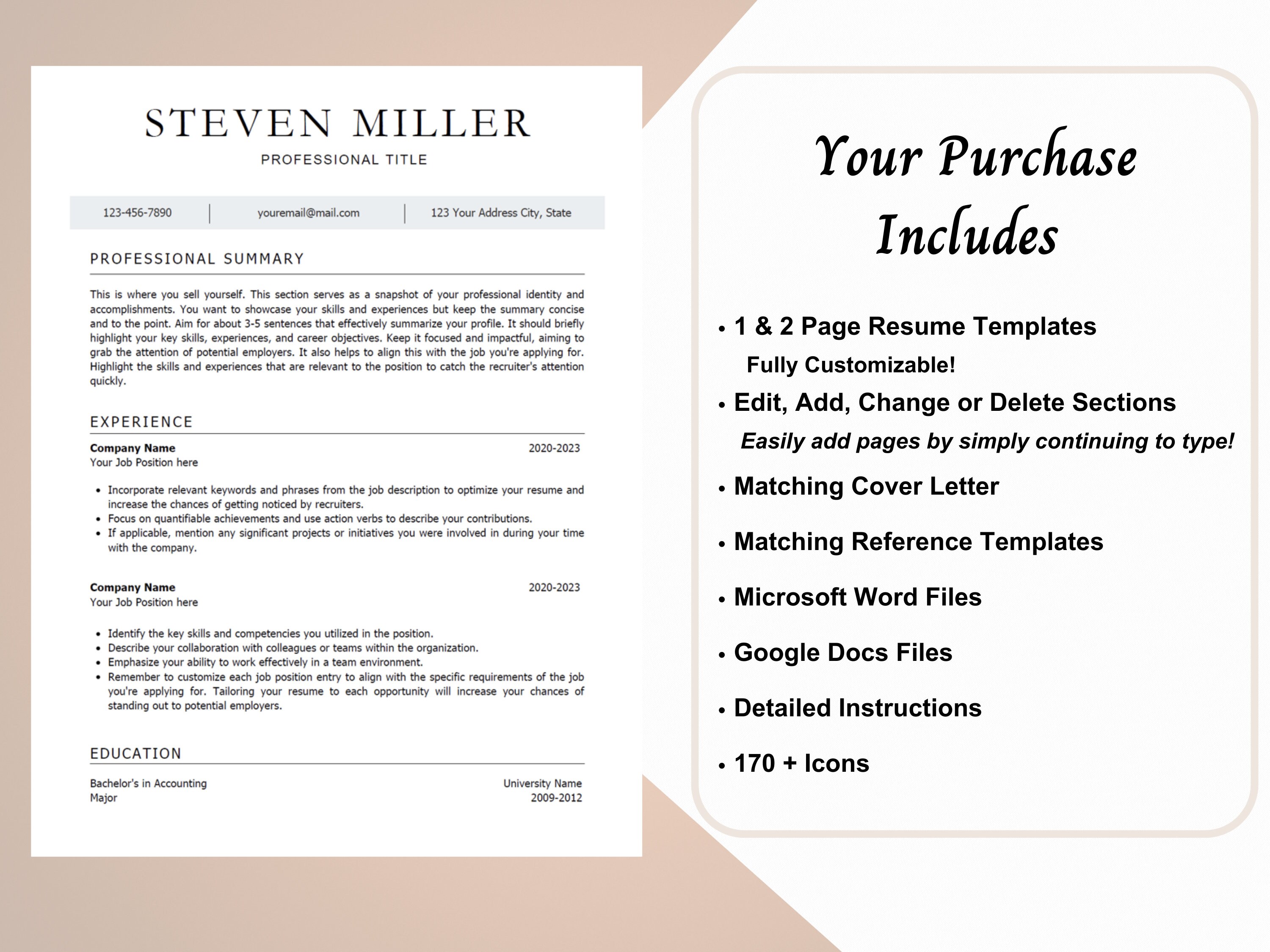 Executive Resume Template W/cheat Sheet | MS Word & Google Docs Resume ...