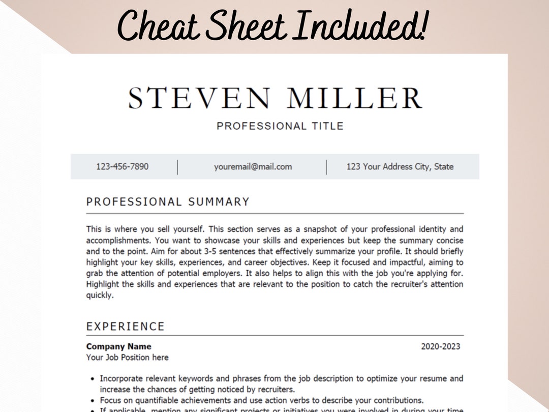 IT Professional Resume Template W/cheat Sheet MS Word / Google Docs ...